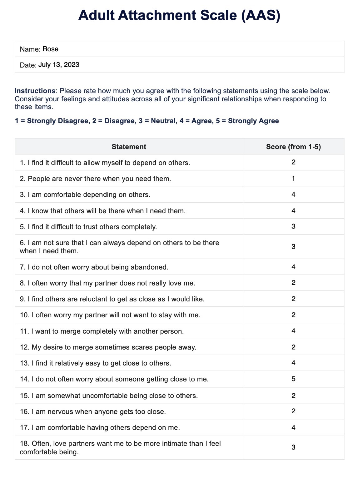 Adult Attachment Scale & Example | Free PDF Download